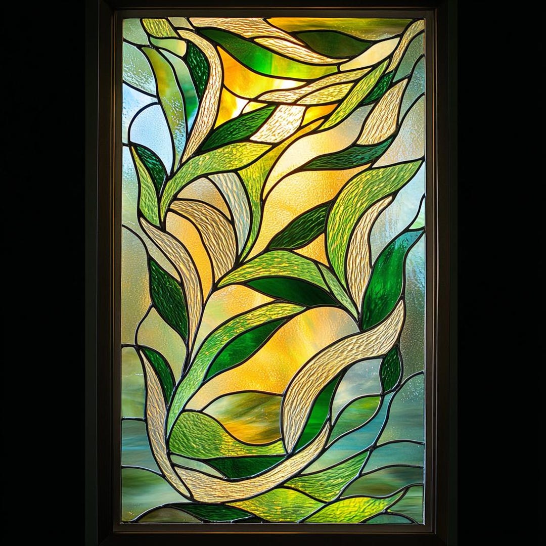 Custom Botanical Stained Glass Window Film - Flowing Green Leaves ...