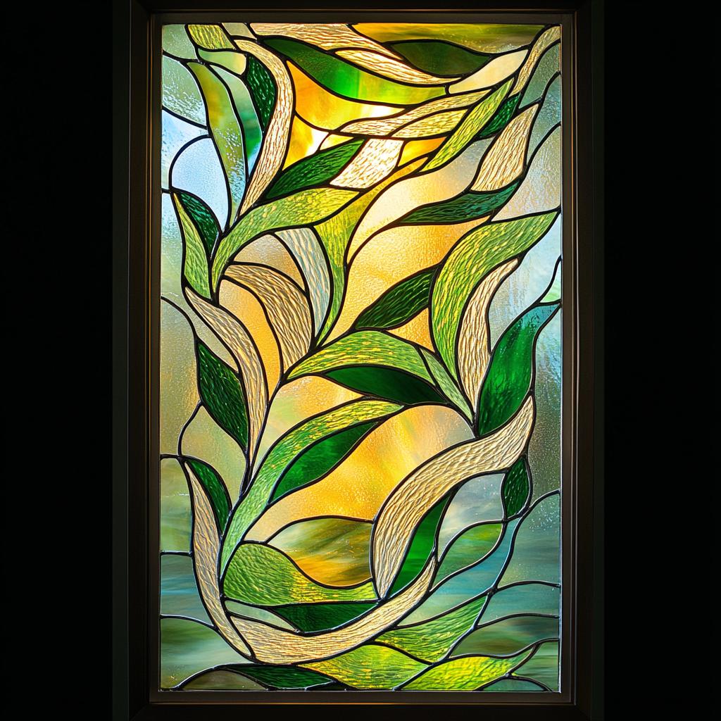 Custom Botanical Stained Glass Window Film - Flowing Green Leaves ...