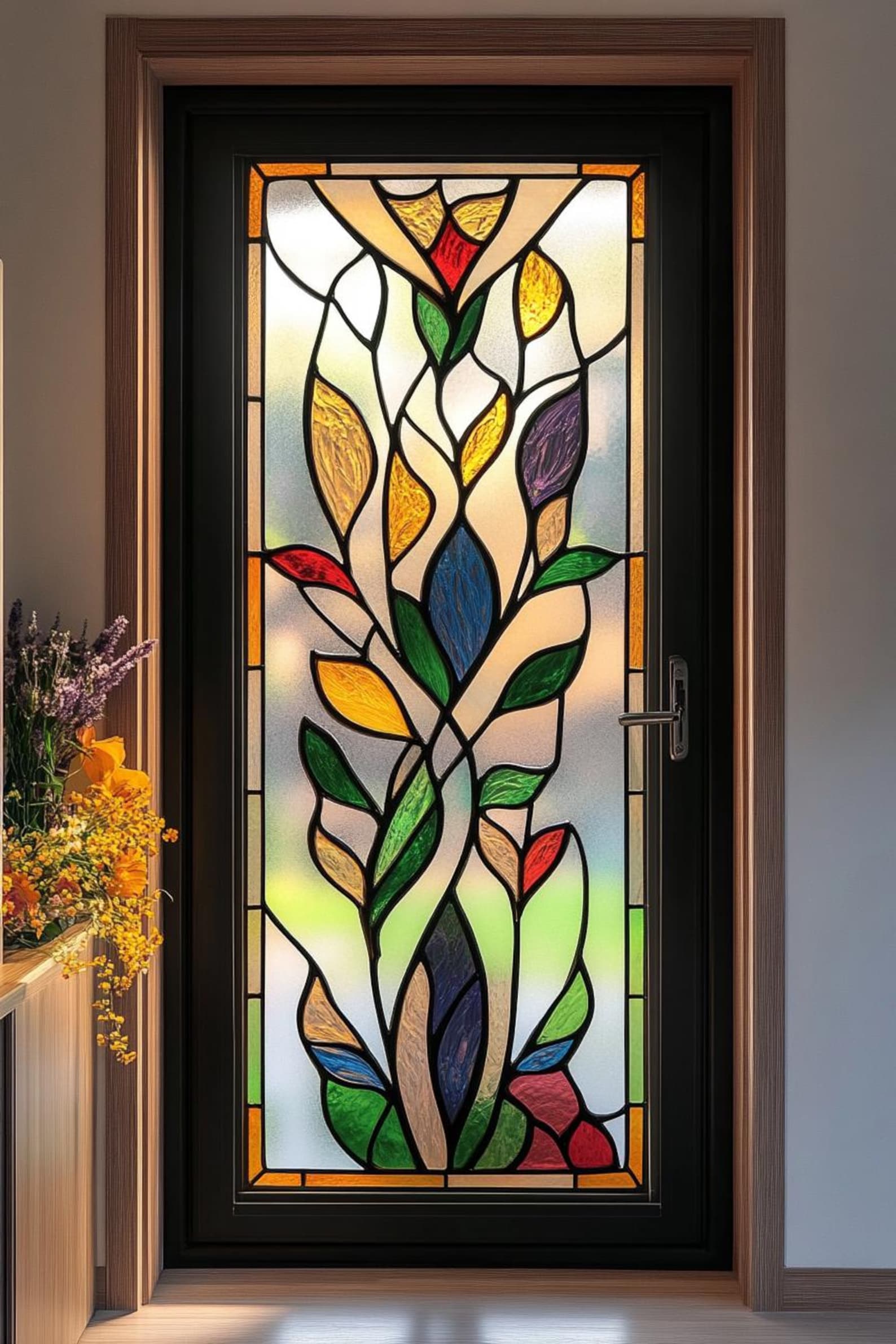 Custom Stained Glass Door Film - Elegant Floral Pattern With Warm Tones ...