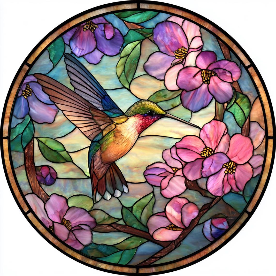 Custom Round Stained Glass Window Privacy Film – Hummingbird & Flowers ...