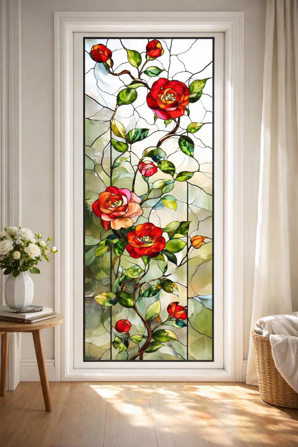 Stained Glass Window Film Rose Floral Design Frosted Privacy Static ...