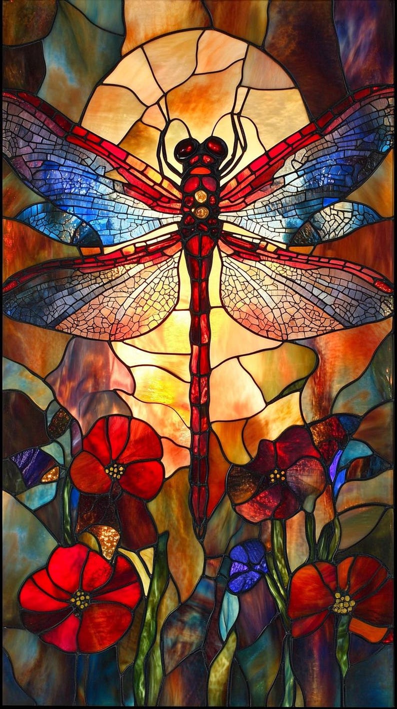 Dragonfly Stained Glass Window Panel, Vibrant Floral Design for ...