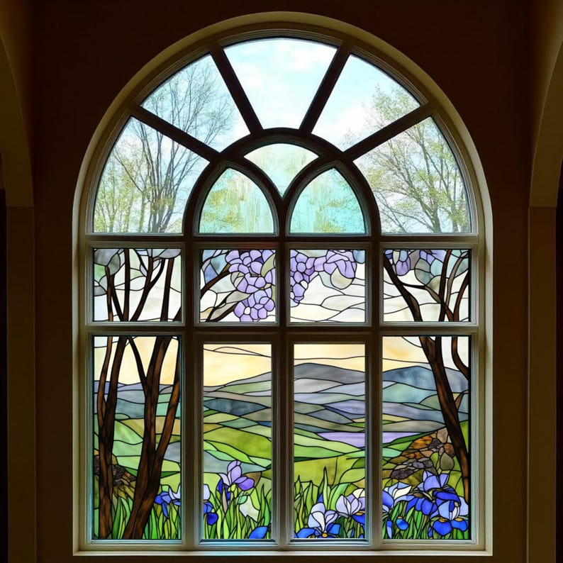 Stained Glass Window Film Landscape Floral Design Window Privacy Film ...