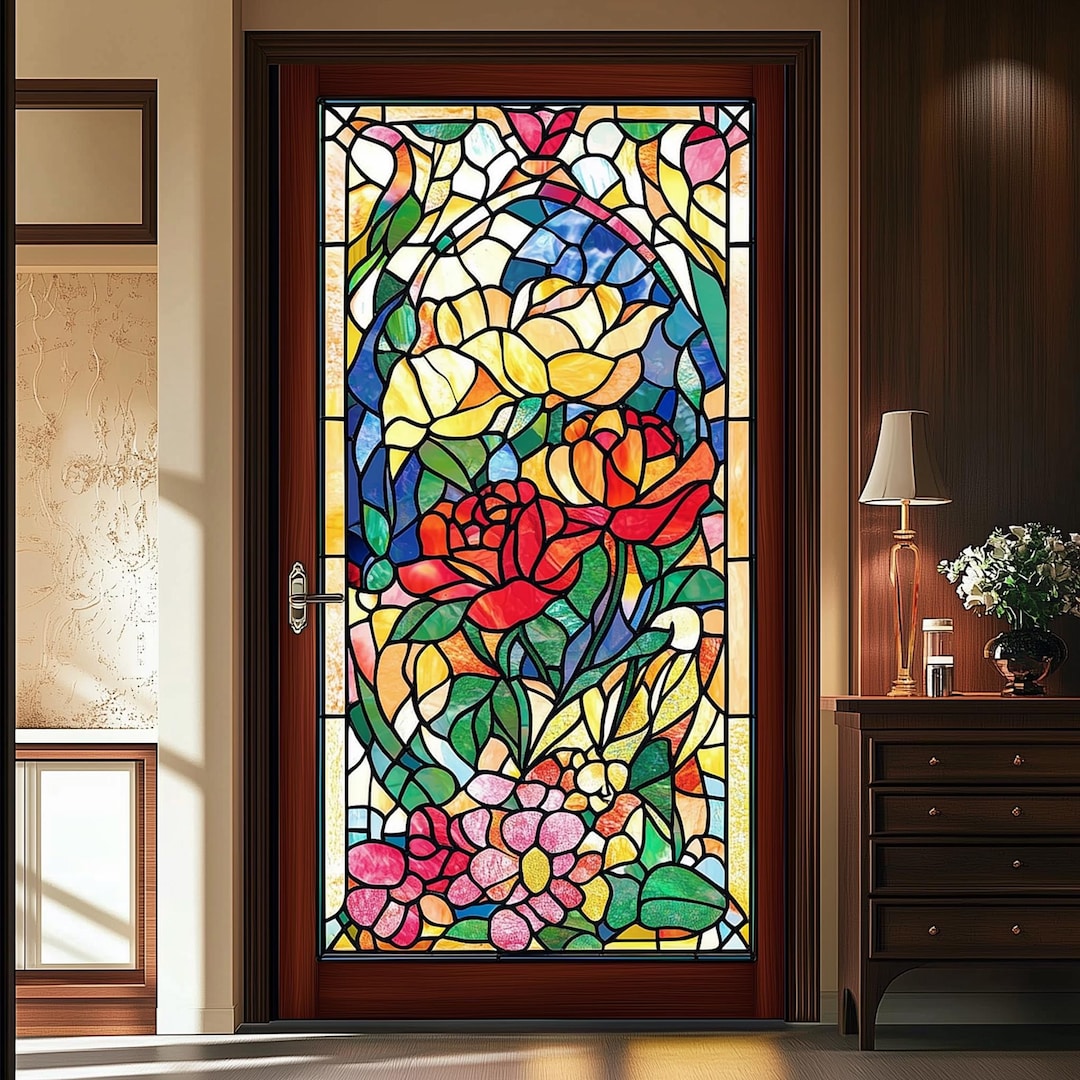 Artistic Floral Stained Glass Privacy Window Film – Custom Size ...