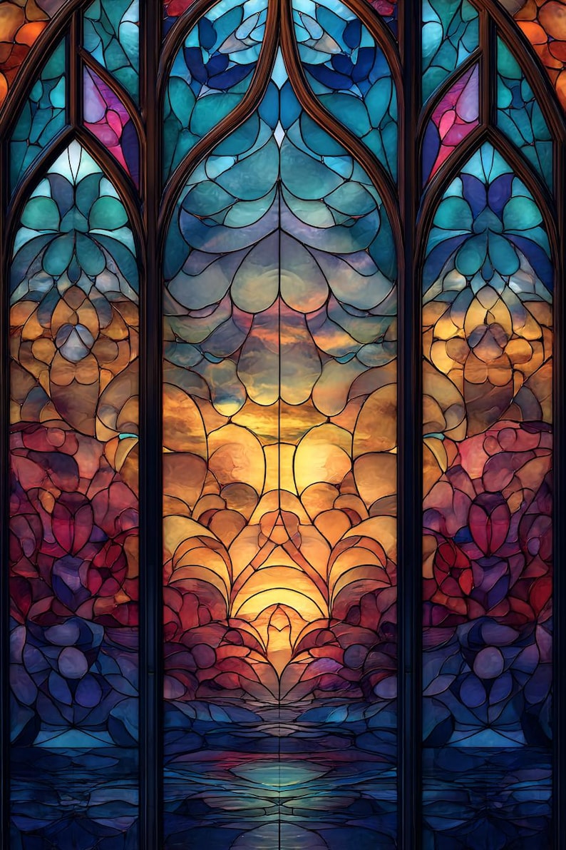 Custom Nature Stained Glass Window Film – River, Forest, Sunset, and ...