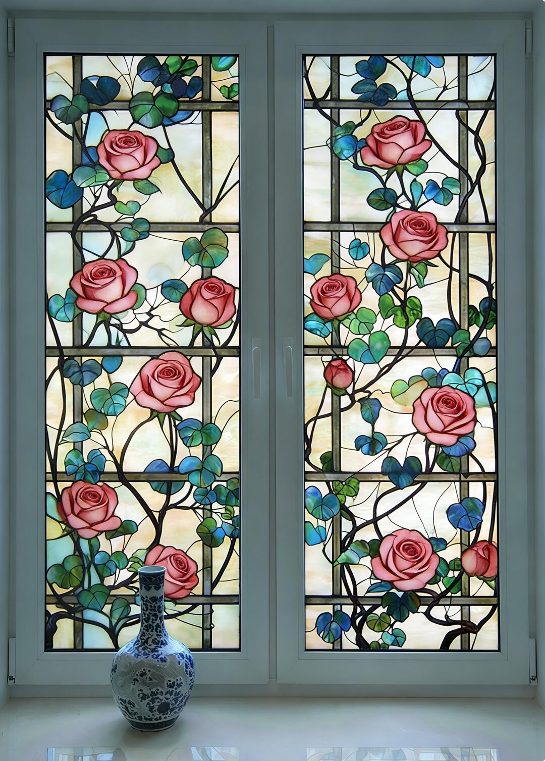 Custom Size Pink Rose Vine Stained Glass Window Film, Privacy ...