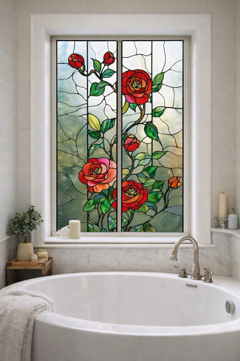 Stained Glass Window Film Rose Floral Design Frosted Privacy Static ...