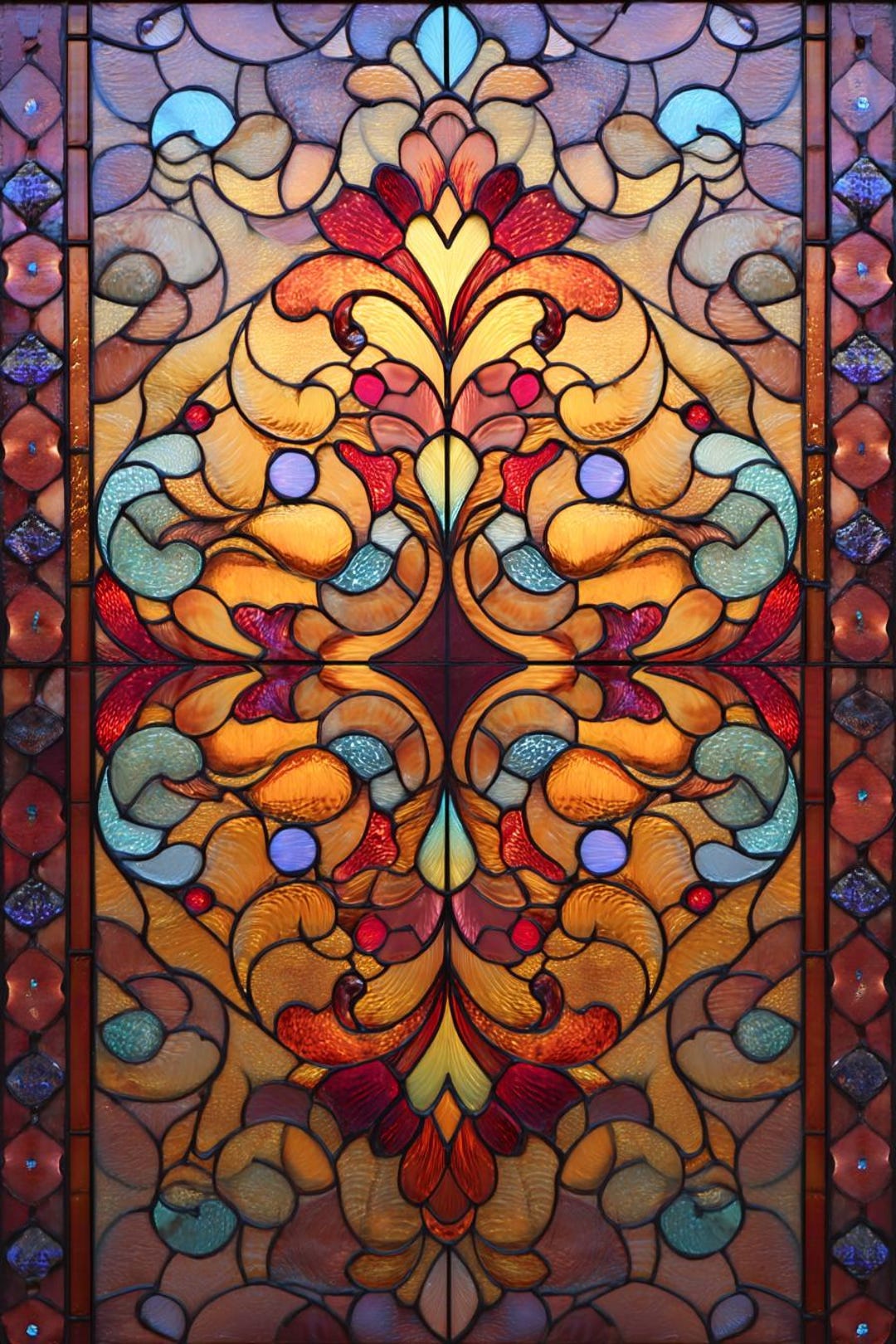 Custom Baroque Stained Glass Window Film – Ornamental Symmetrical ...