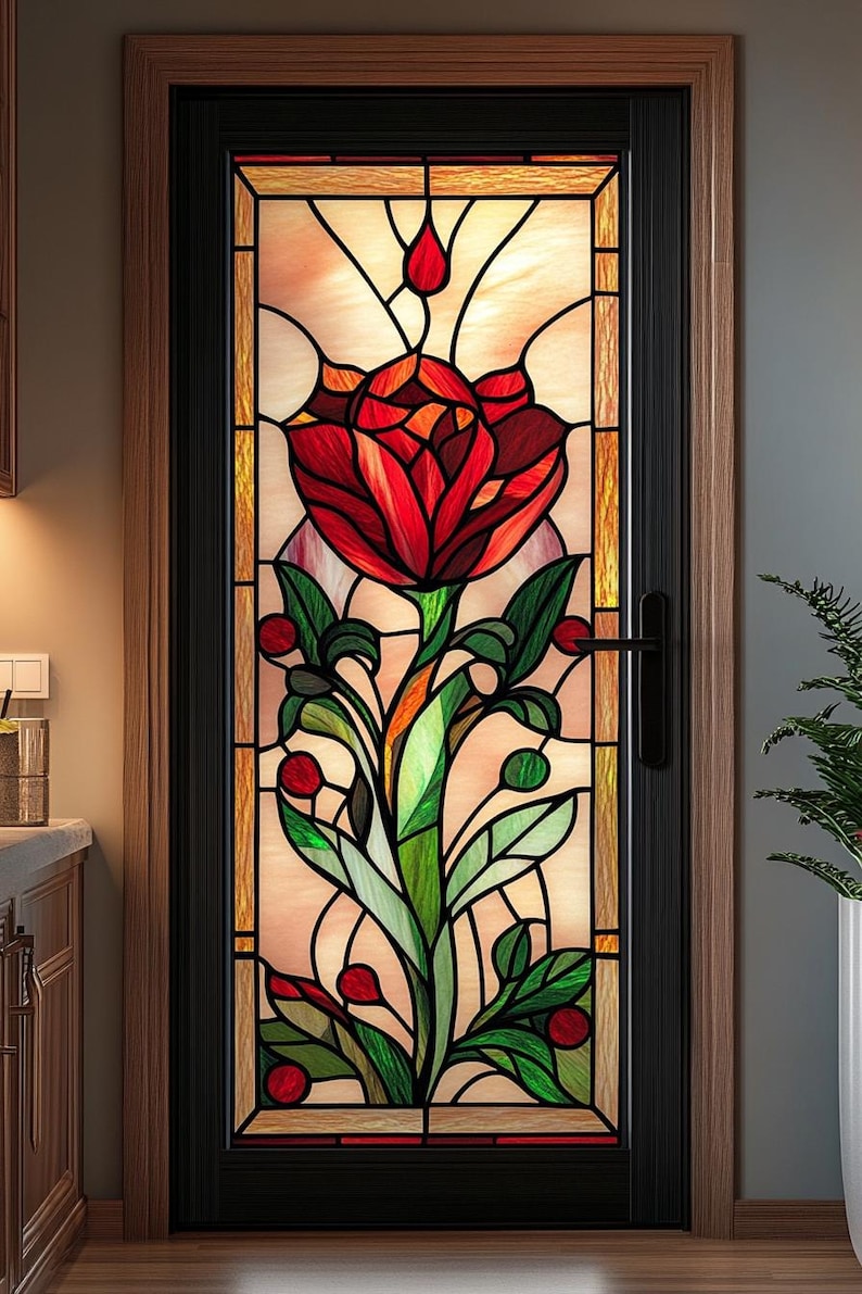 Custom Stained Glass Door Film - Elegant Floral Pattern With Warm Tones ...