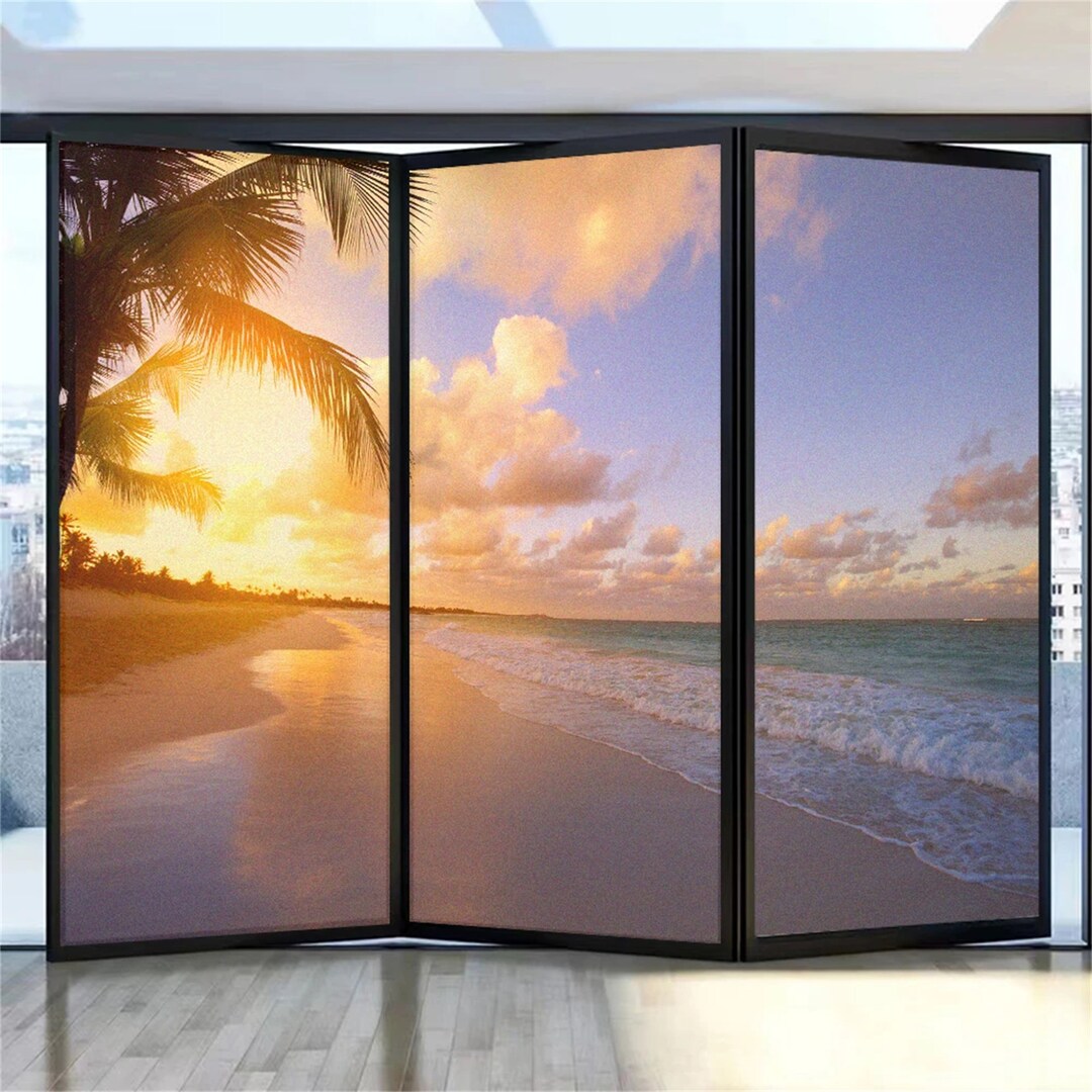 Frosted Seaside Sunset Window Film - Glue-free Static Glass Sticker for ...