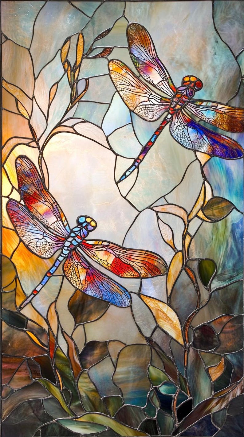 Dragonfly Stained Glass Window Panel, Vibrant Floral Design for ...