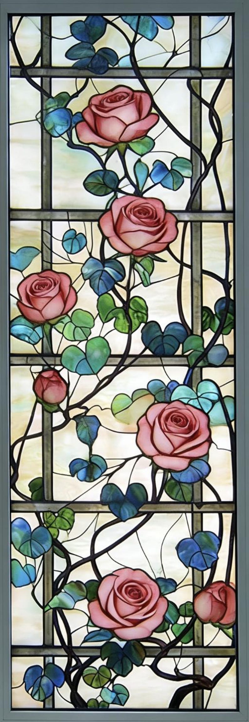 Custom Size Pink Rose Vine Stained Glass Window Film, Privacy ...
