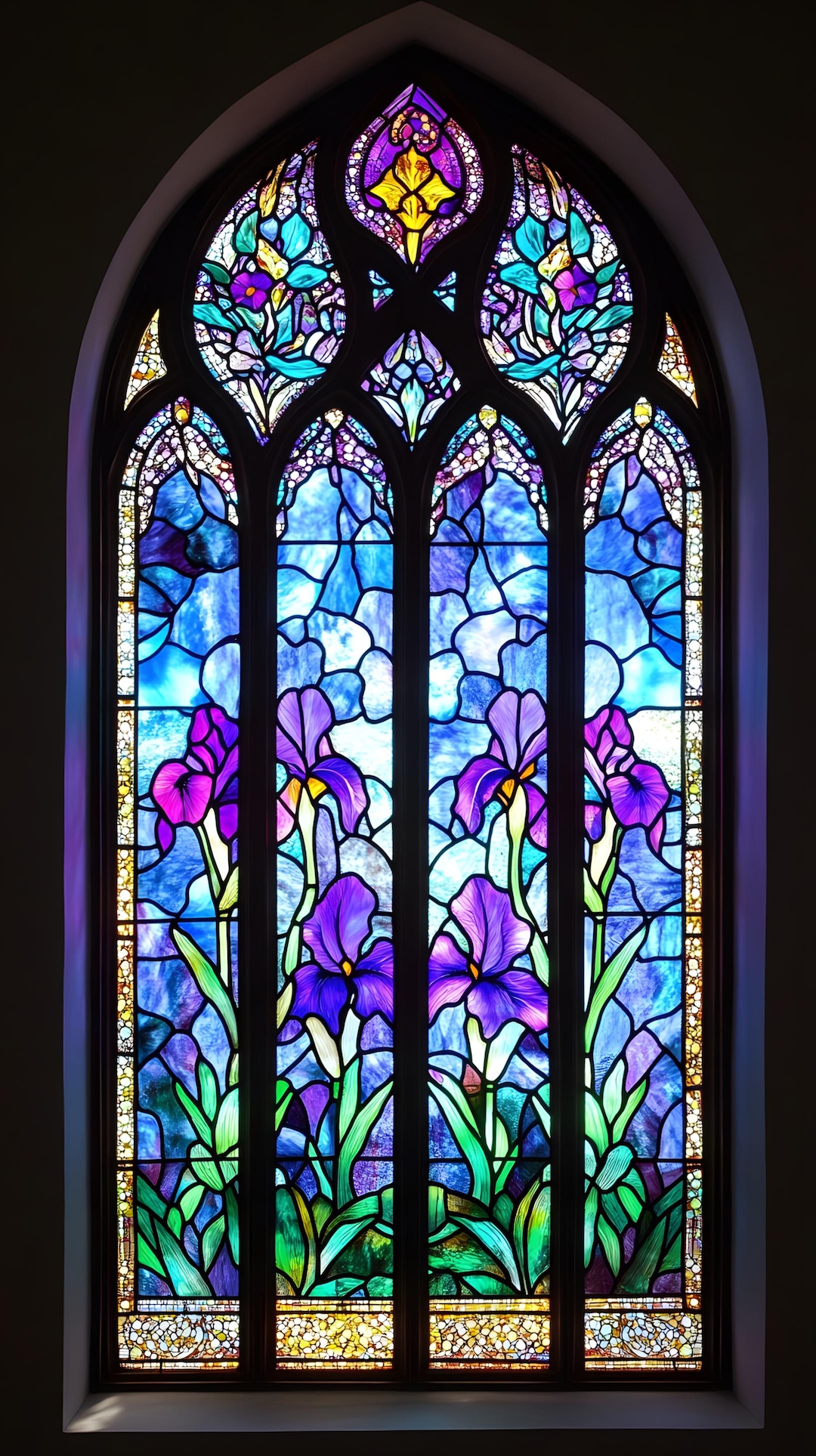 Tiffany-style Stained Glass Window Panel With Irises, Art Nouveau ...