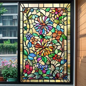 Colorful Daisy Garden Stained Glass Window Film – Privacy Static Cling ...