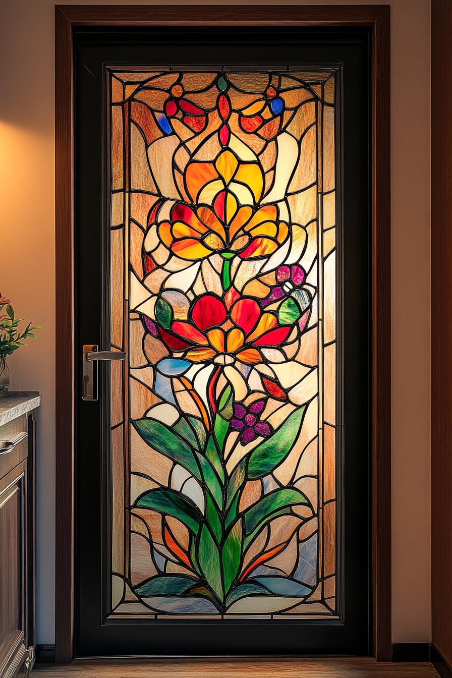 Custom Stained Glass Door Film - Elegant Floral Pattern With Warm Tones ...
