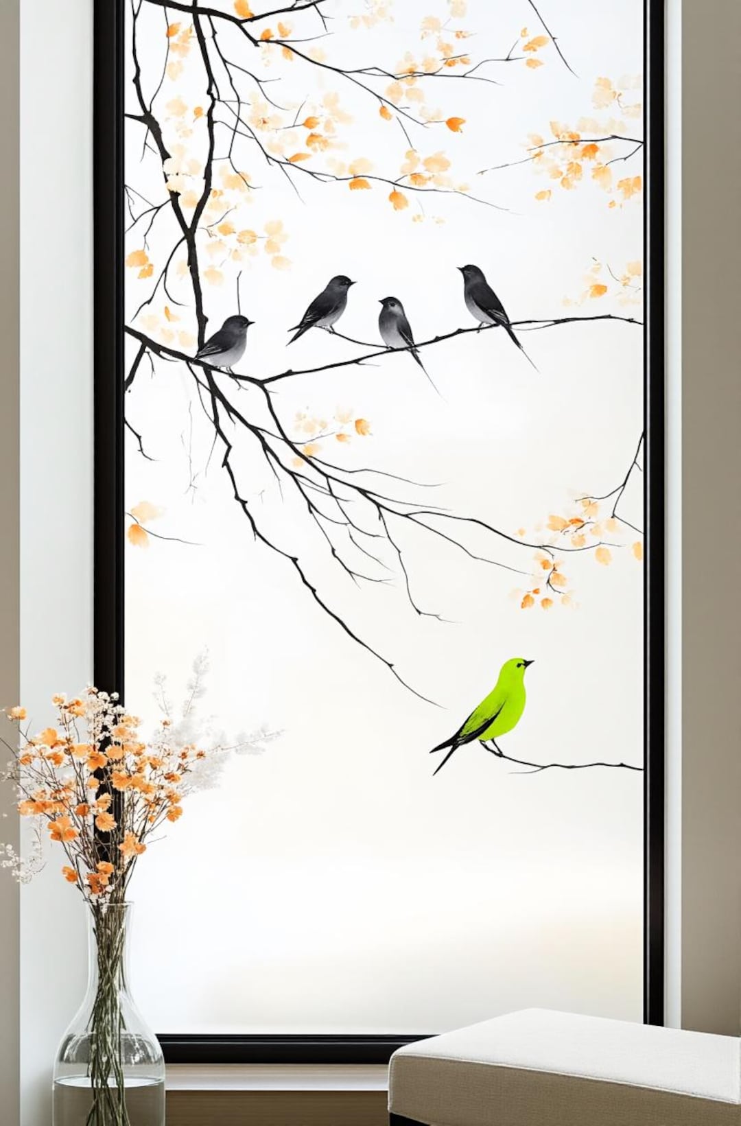 Minimalist Bird Branch Window Privacy Film Frosted Static Cling ...