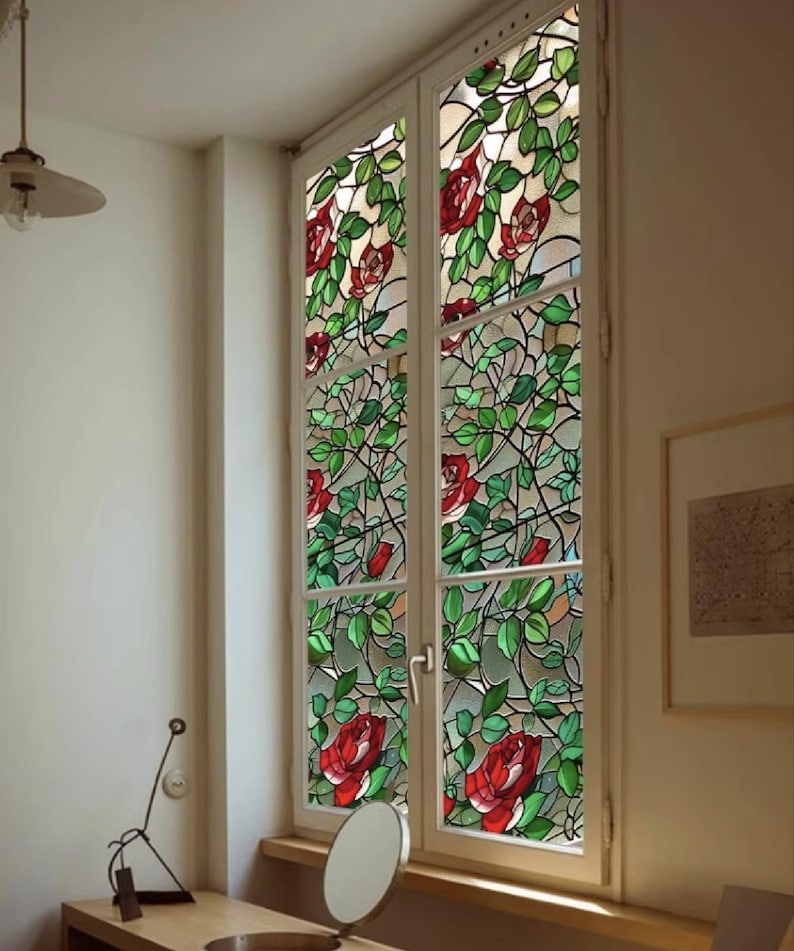 Custom Stained Glass Window Film - Elegant Rose Floral Design for ...