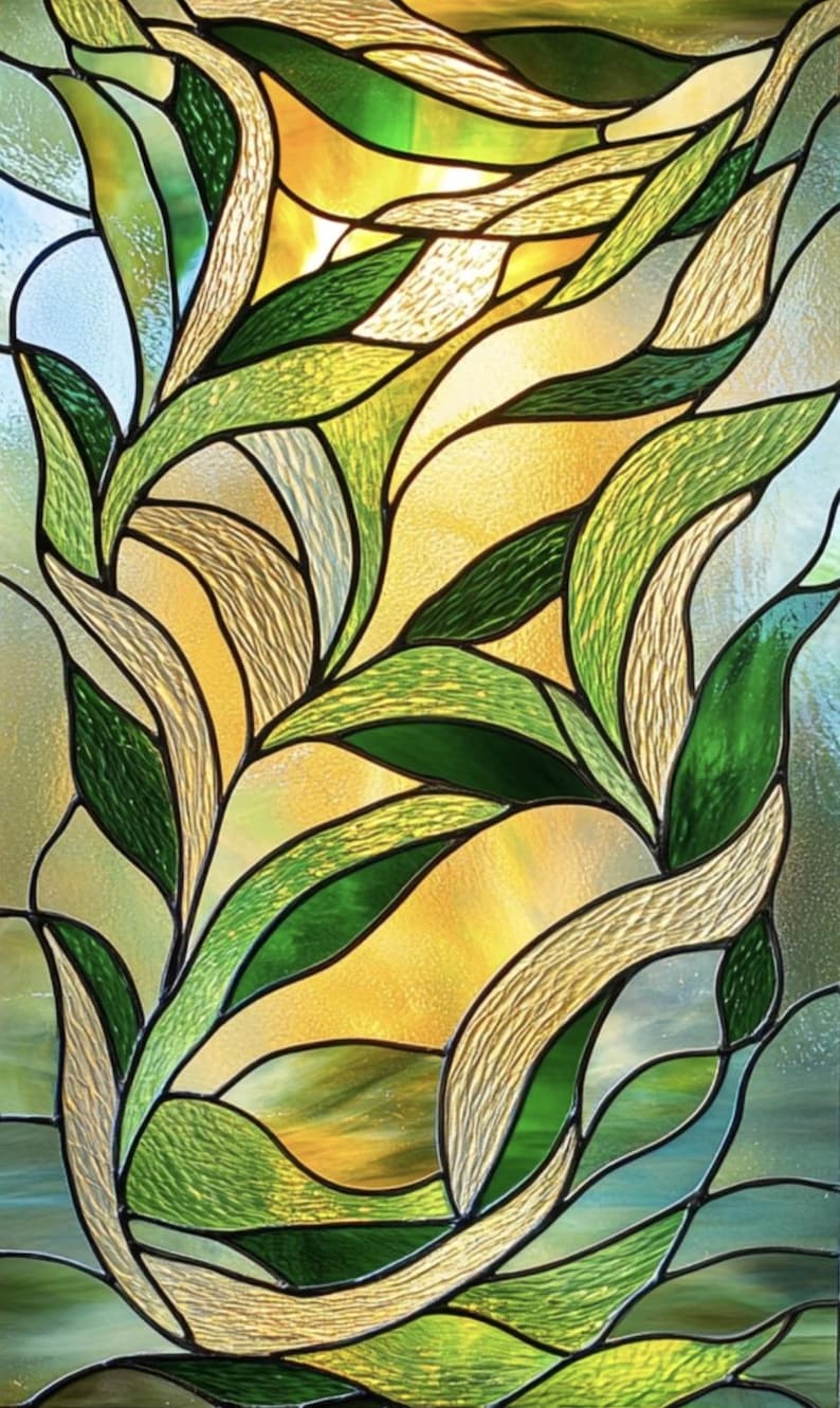 Custom Botanical Stained Glass Window Film - Flowing Green Leaves ...
