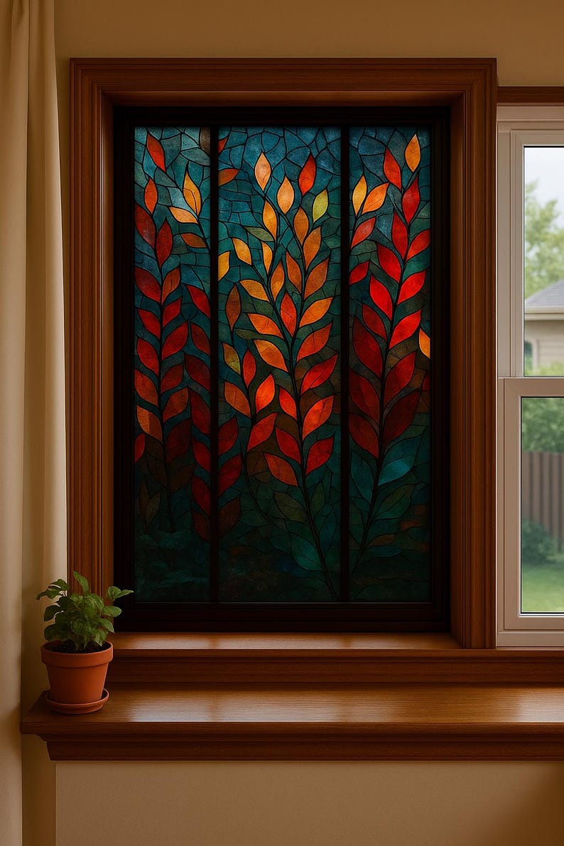 Custom Nature Stained Glass Window Film – River, Forest, Sunset, and ...