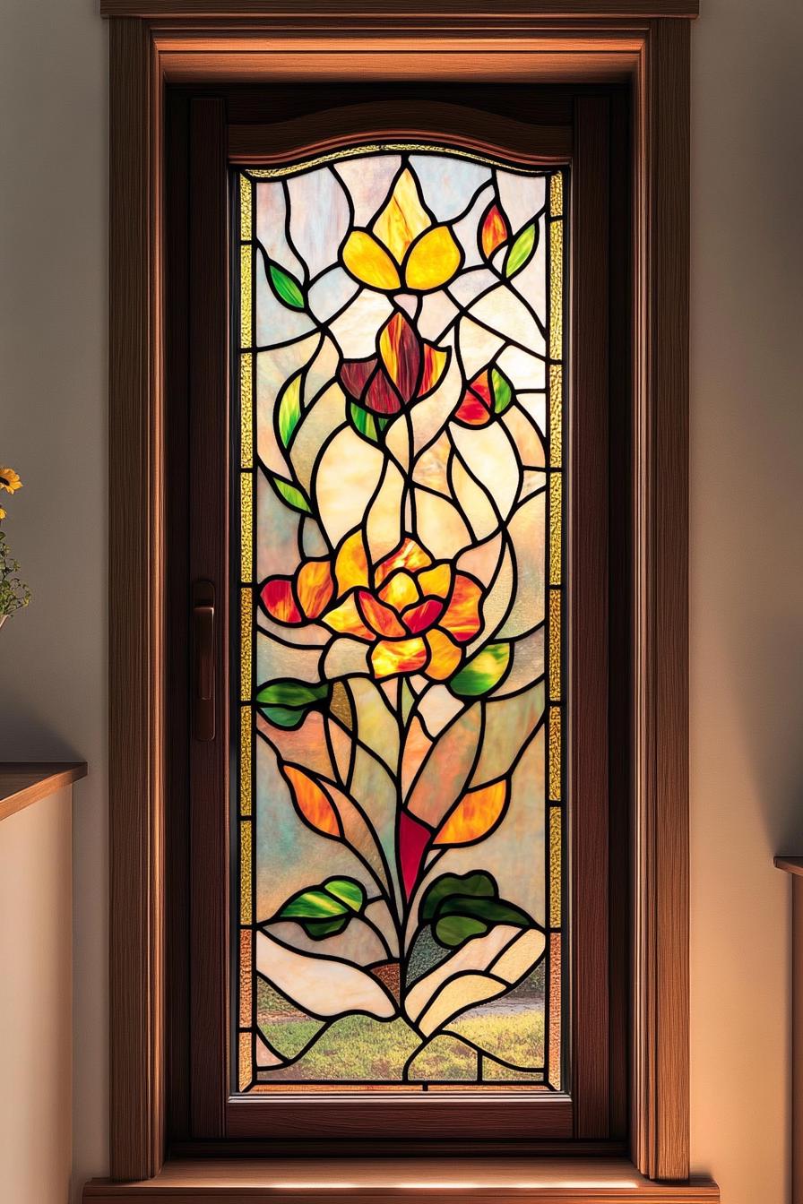 Custom Stained Glass Door Film - Elegant Floral Pattern With Warm Tones ...