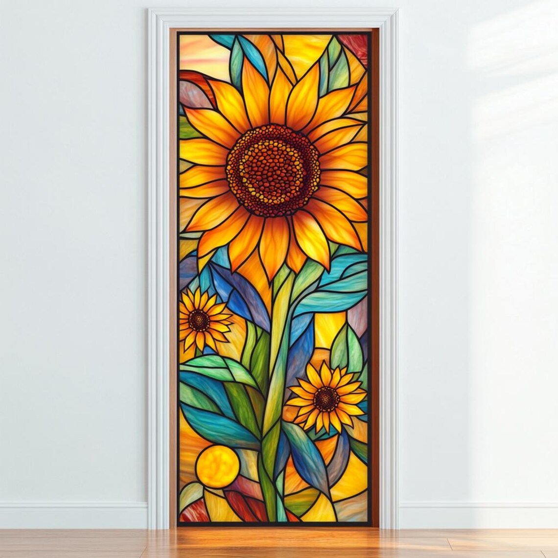 Sunflower Stained Glass Door Film – Vibrant Floral Privacy Decal for ...