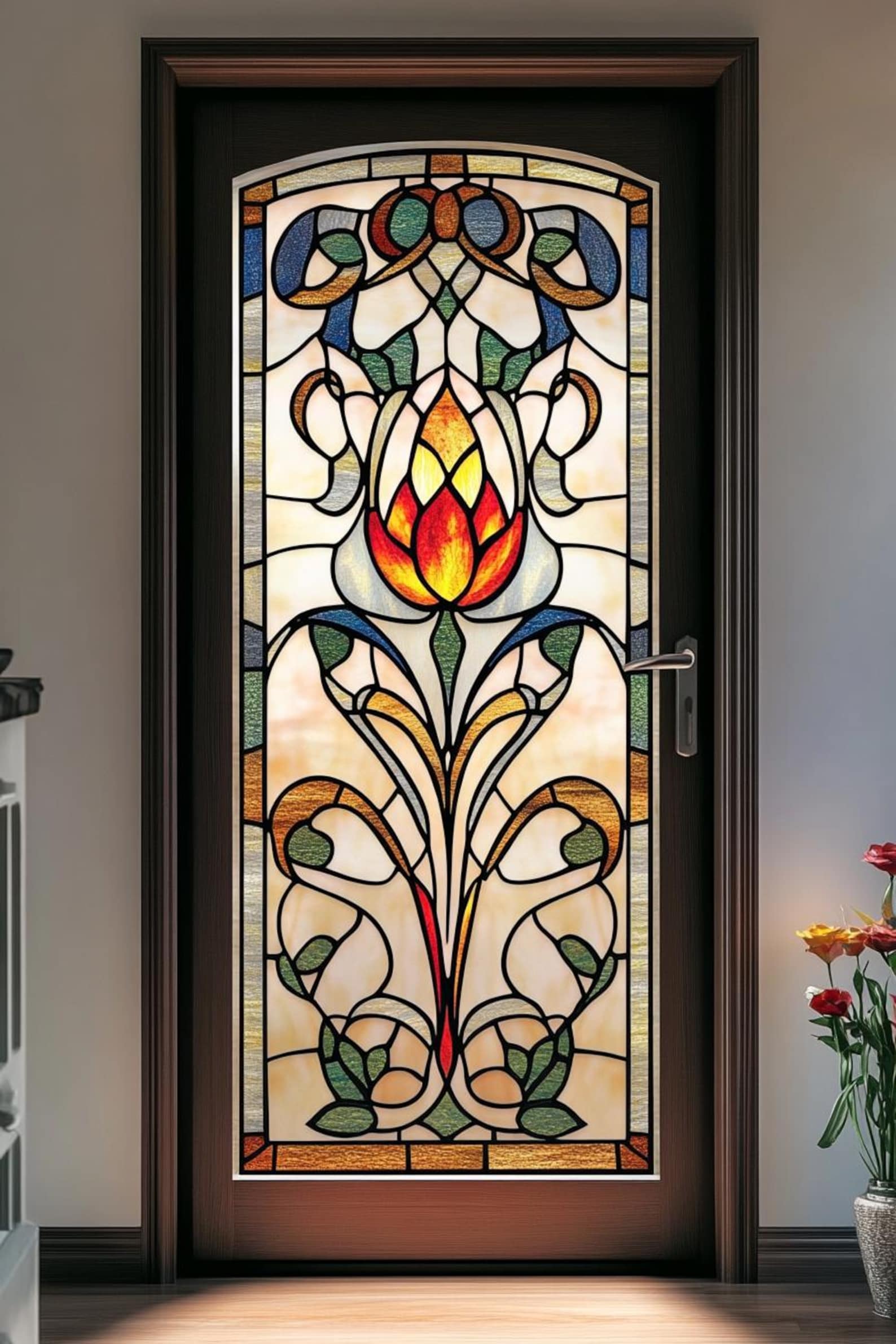 Custom Stained Glass Door Film - Elegant Floral Pattern With Warm Tones ...