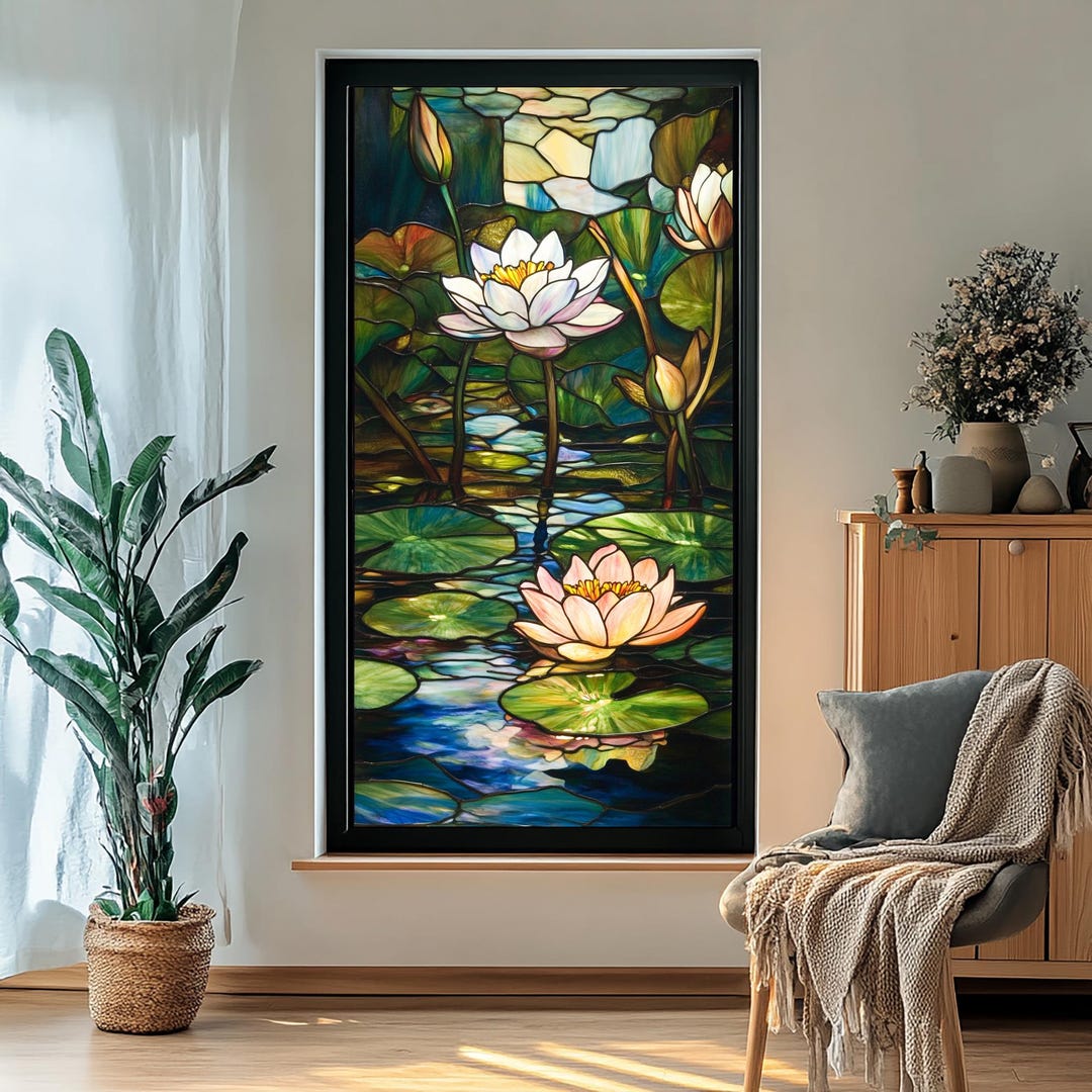 Tiffany Style Water Lily Stained Glass Panel, Handcrafted Window Art ...