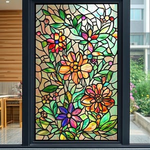 Colorful Daisy Garden Stained Glass Window Film – Privacy Static Cling ...