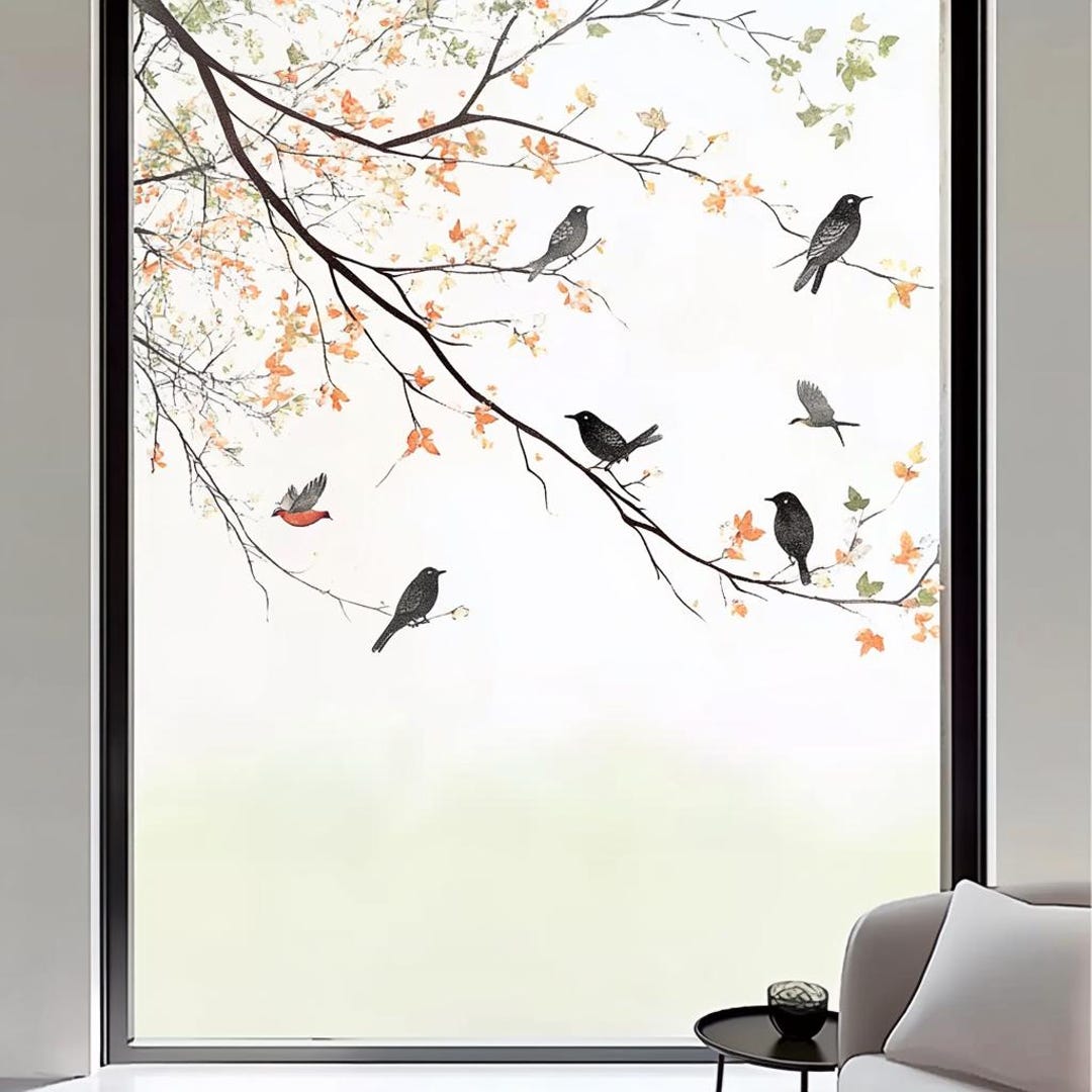 Decorative Bird & Branch Window Film: Semi-transparent Privacy Sticker ...
