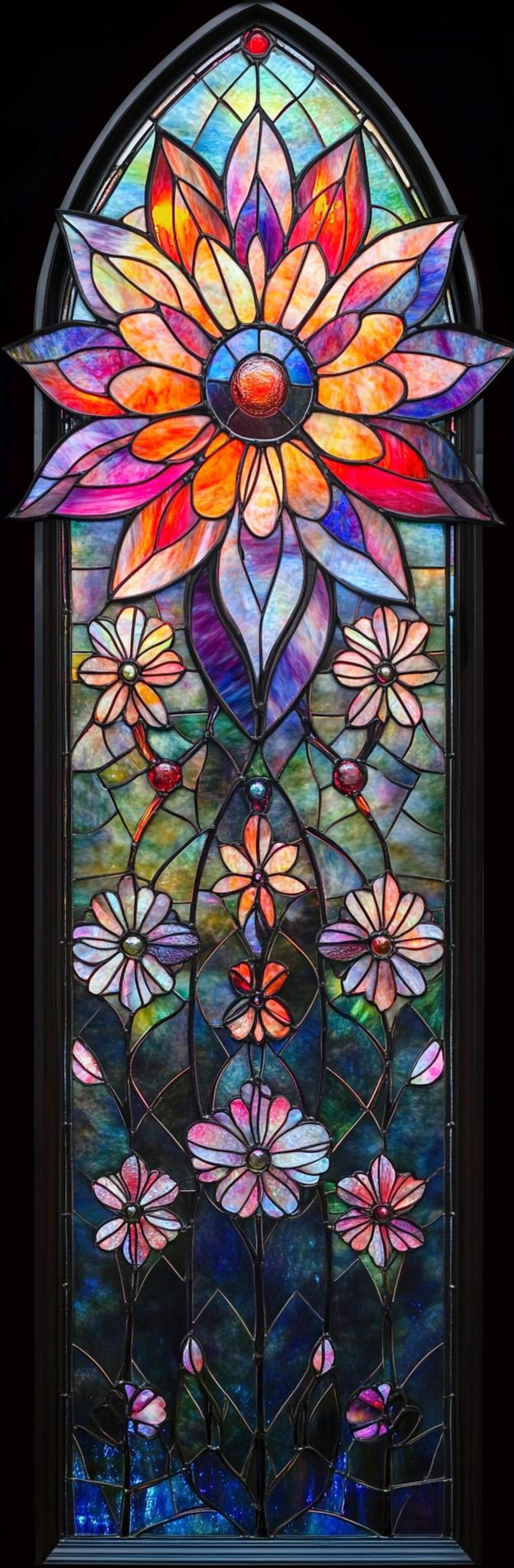 Custom Floral Stained Glass Window Decals - Arched Design With Vibrant ...