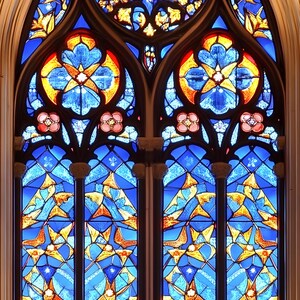 Gothic Arched Stained Glass Window Film - Vibrant Blue and Gold Floral ...