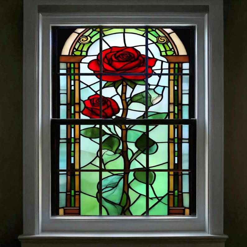 Red Rose Stained Glass Window Film - Elegant Privacy Decorative Cling ...