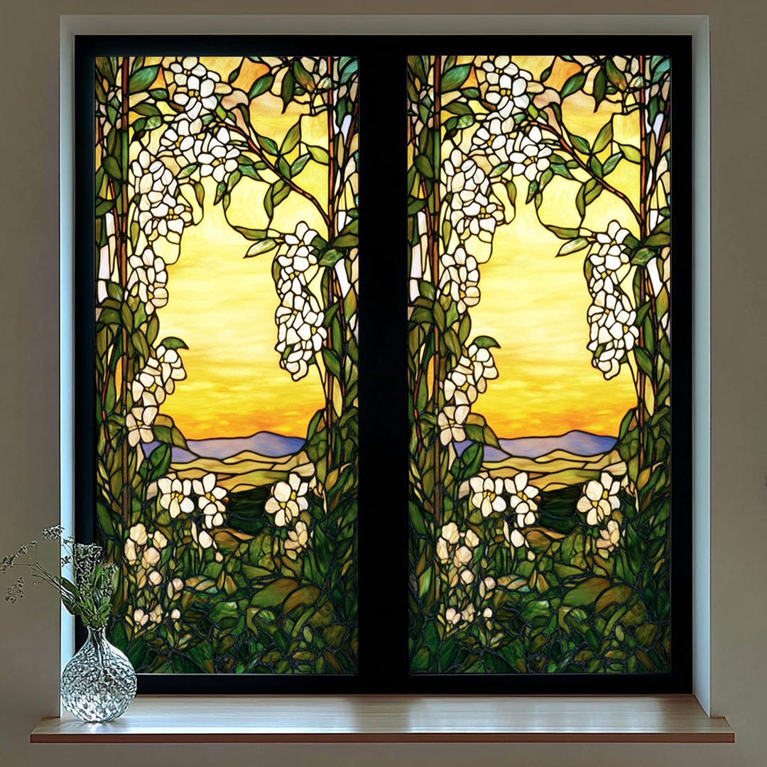 Floral Sunset Stained Glass Window Film - Elegant Privacy Cling for ...