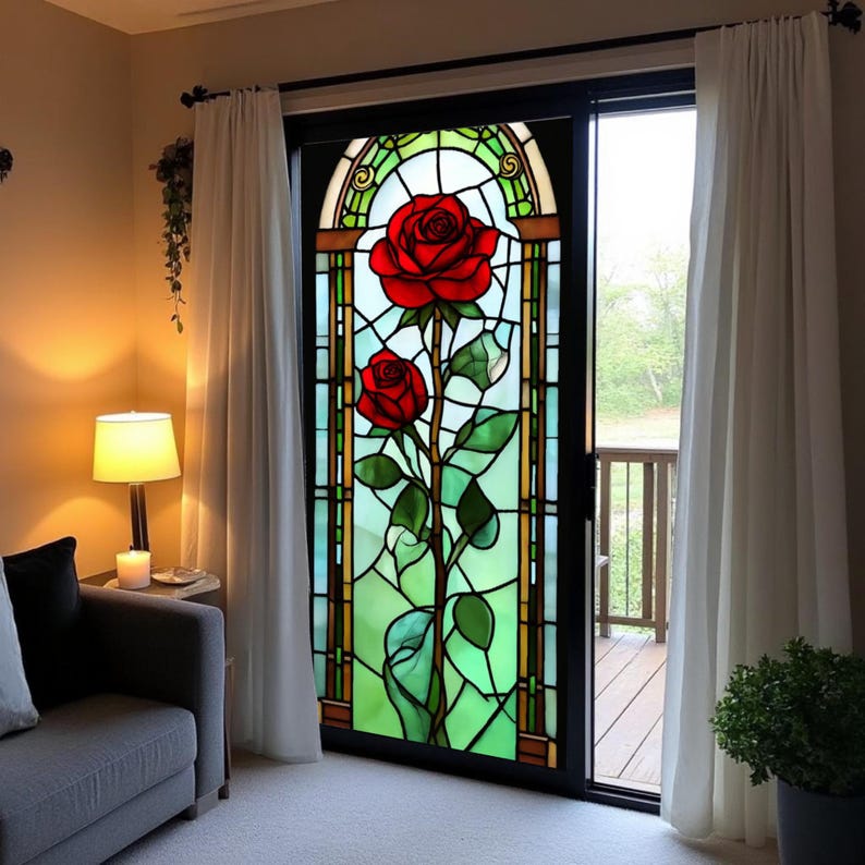 Red Rose Stained Glass Window Film - Elegant Privacy Decorative Cling ...