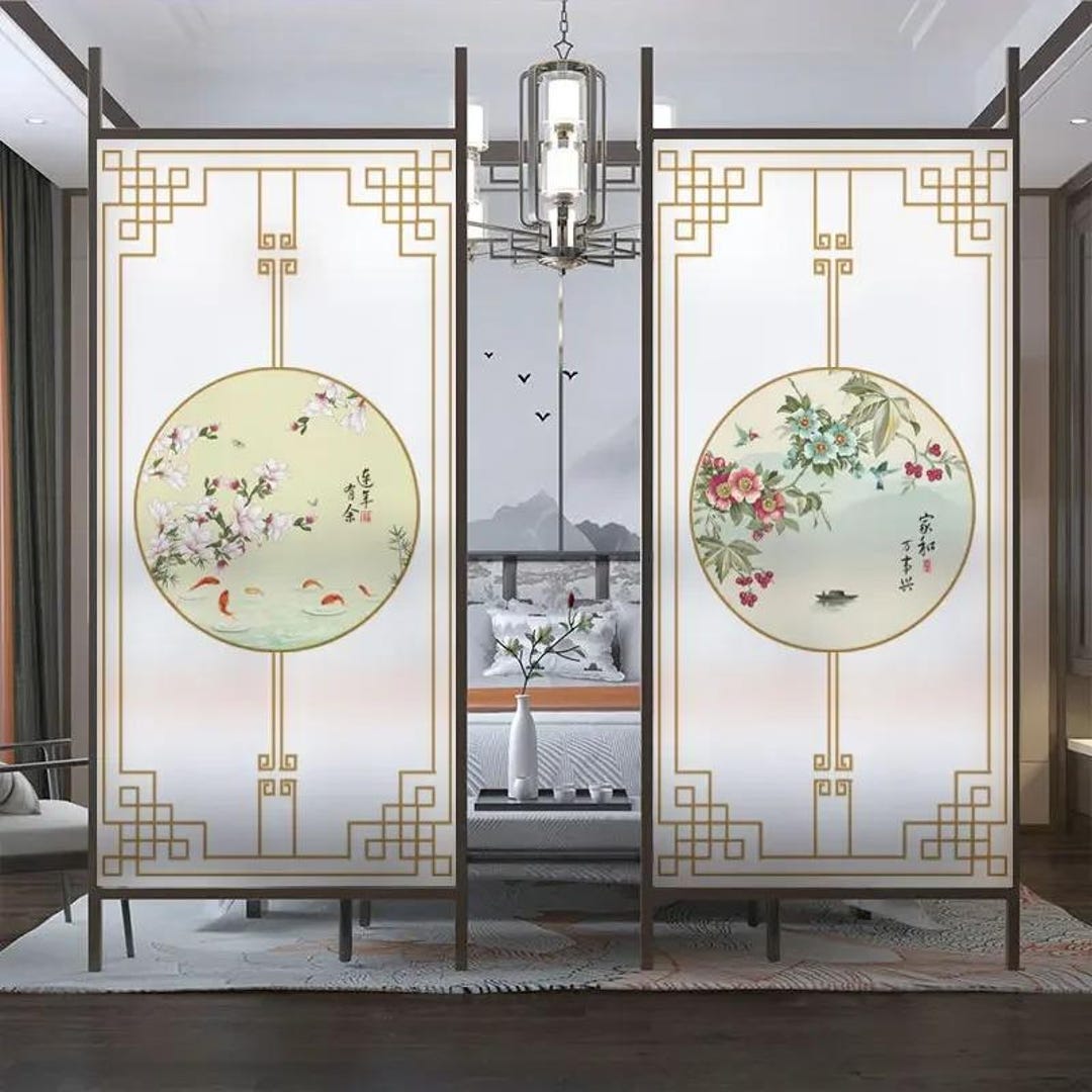 Chinese Round Fan Art Glass Sticker elegant Goldfish, Flowers & Birds ...