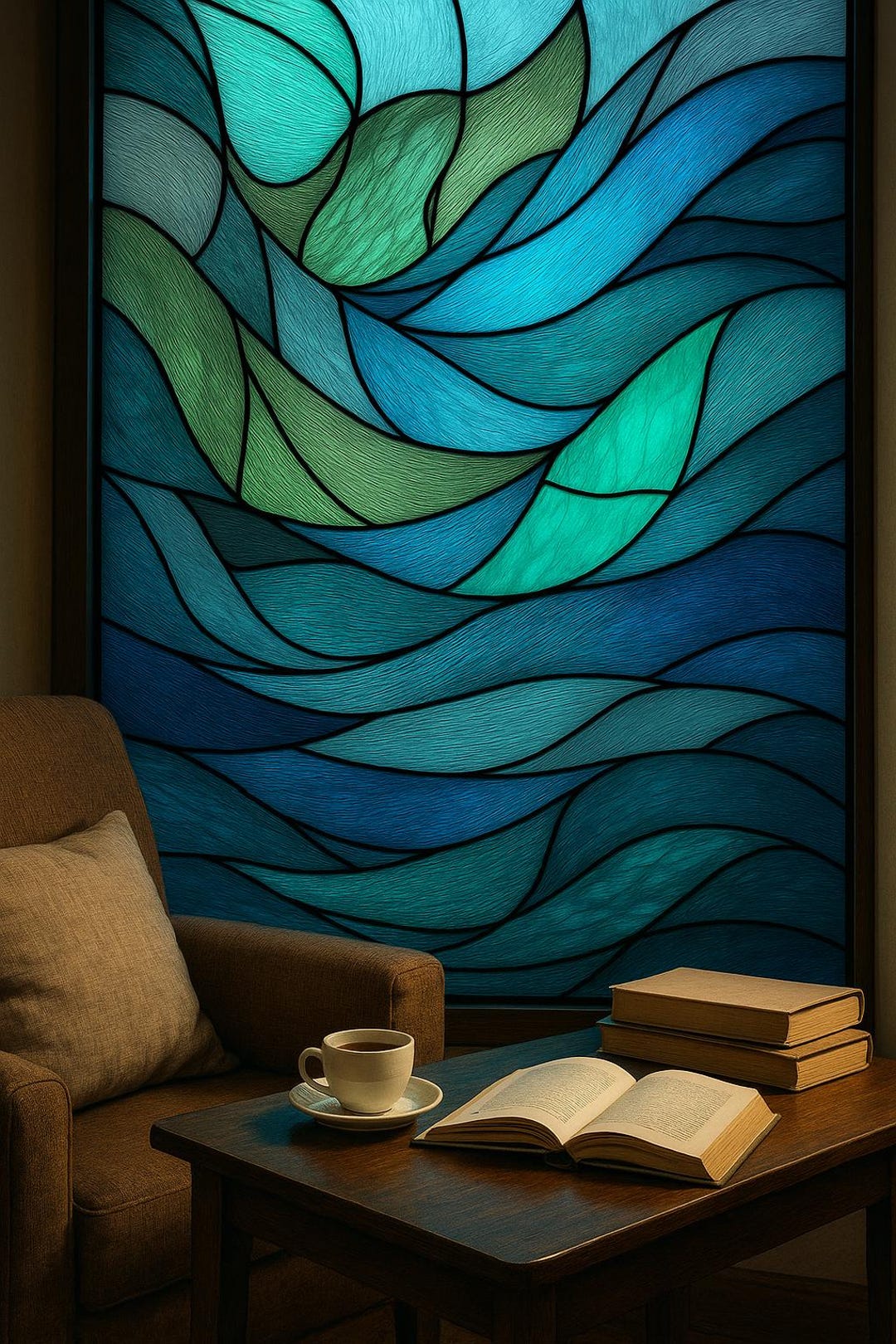 Wave Pattern Window Privacy Film – Custom Stained Glass Style Blue ...