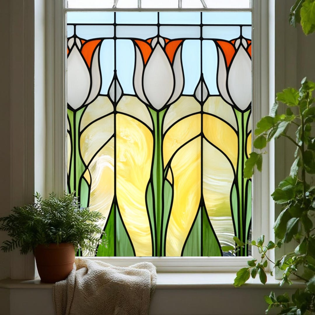 Tulip Stained Glass Window Film Art Nouveau Floral Design Frosted ...