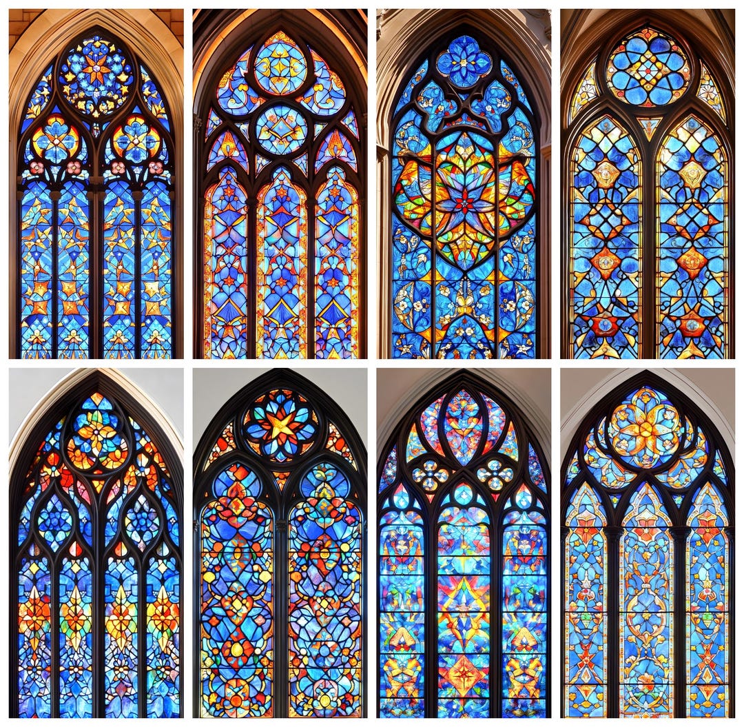 Gothic Arched Stained Glass Window Film - Vibrant Blue and Gold Floral ...