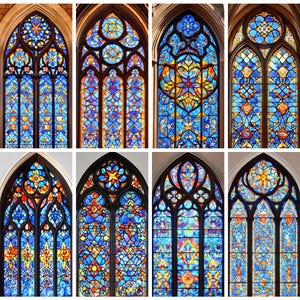 Gothic Arched Stained Glass Window Film - Vibrant Blue and Gold Floral ...