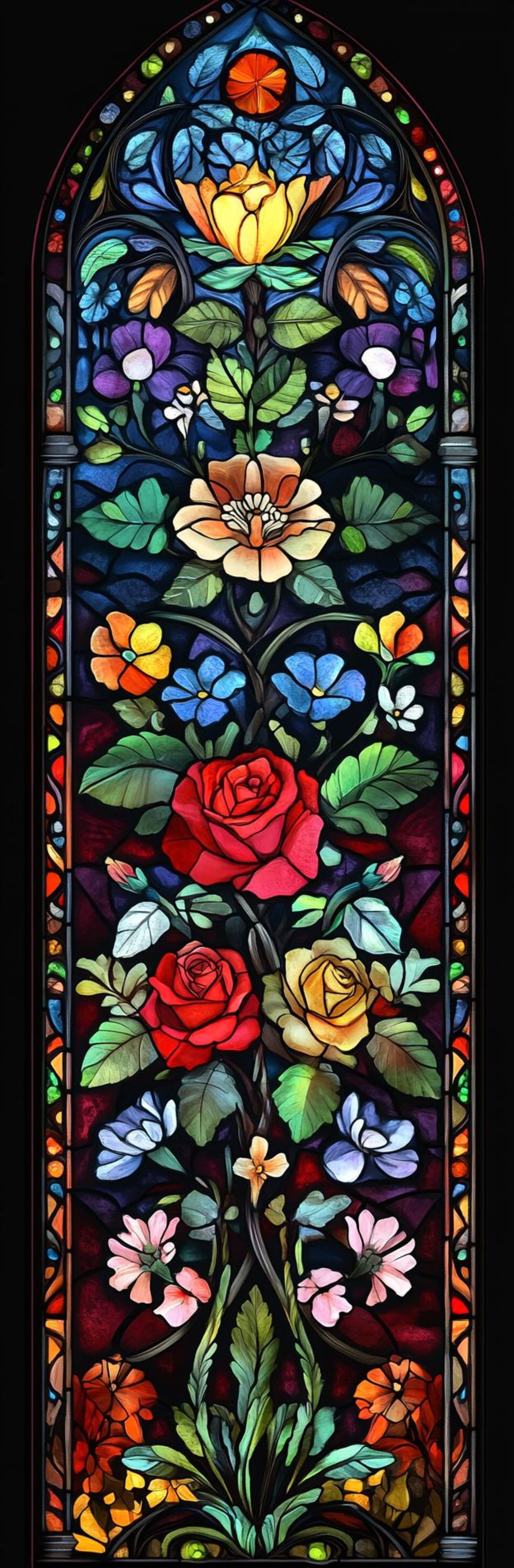Custom Floral Stained Glass Window Decals - Arched Design With Vibrant ...