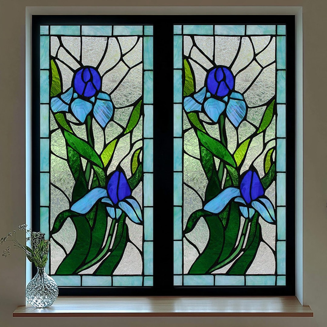 Custom Blue Iris Stained Glass Window Film for Privacy in Living Rooms ...