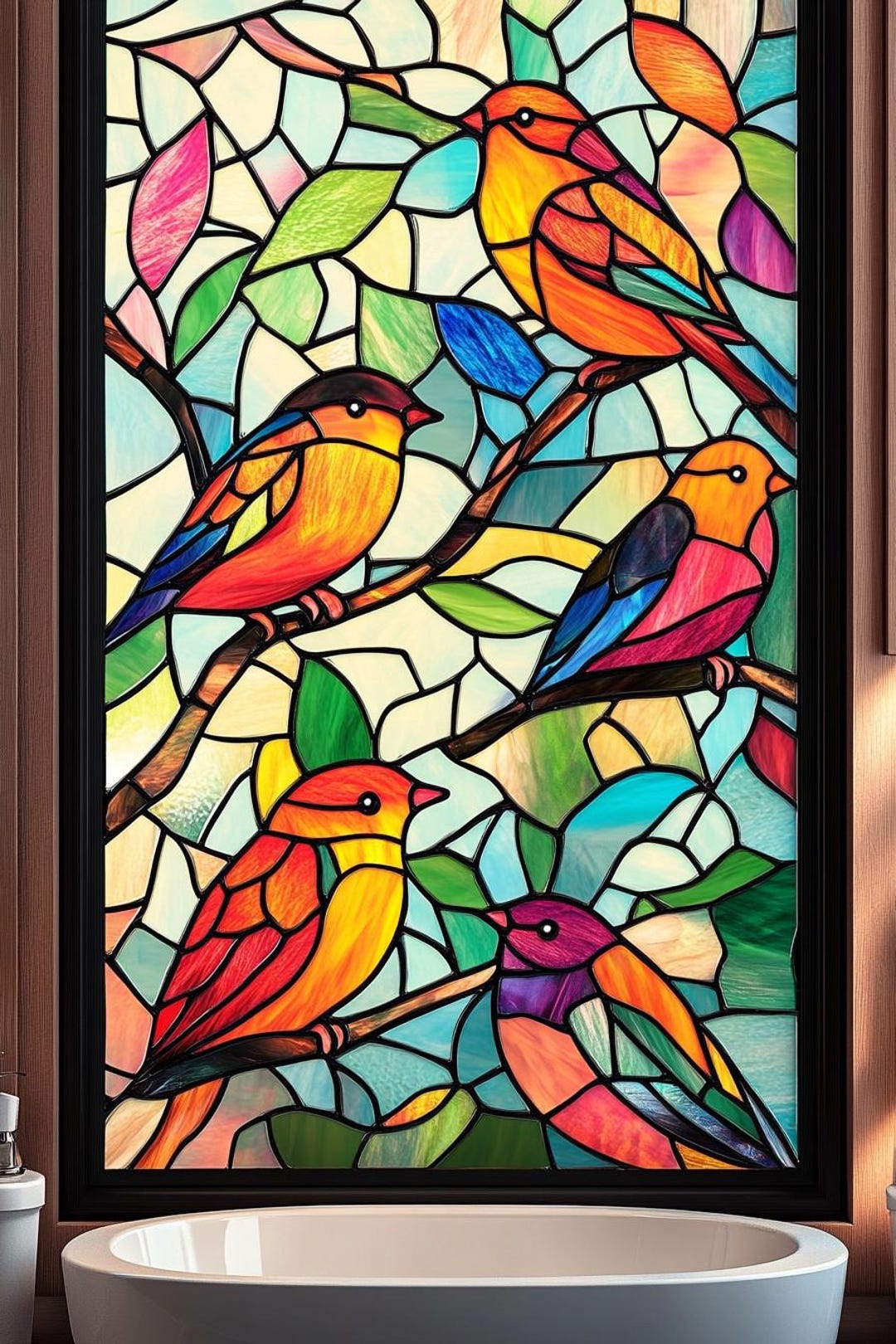 Custom Stained Glass Bird Window Film - Vibrant Decorative Privacy Film ...
