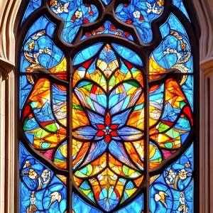 Gothic Arched Stained Glass Window Film - Vibrant Blue and Gold Floral ...