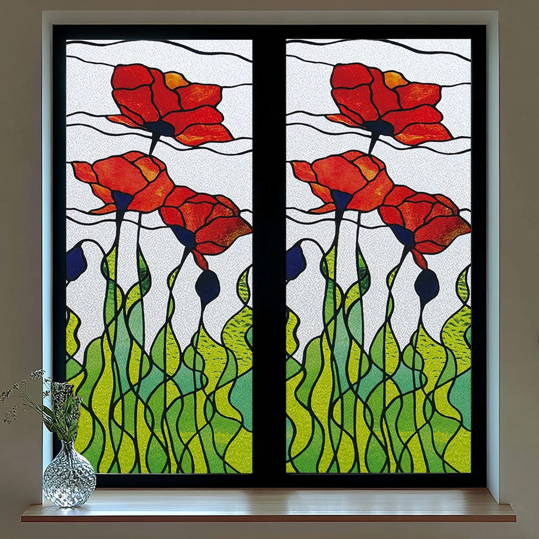 Window Privacy Film With Stained Glass Floral Design Frosted Static ...