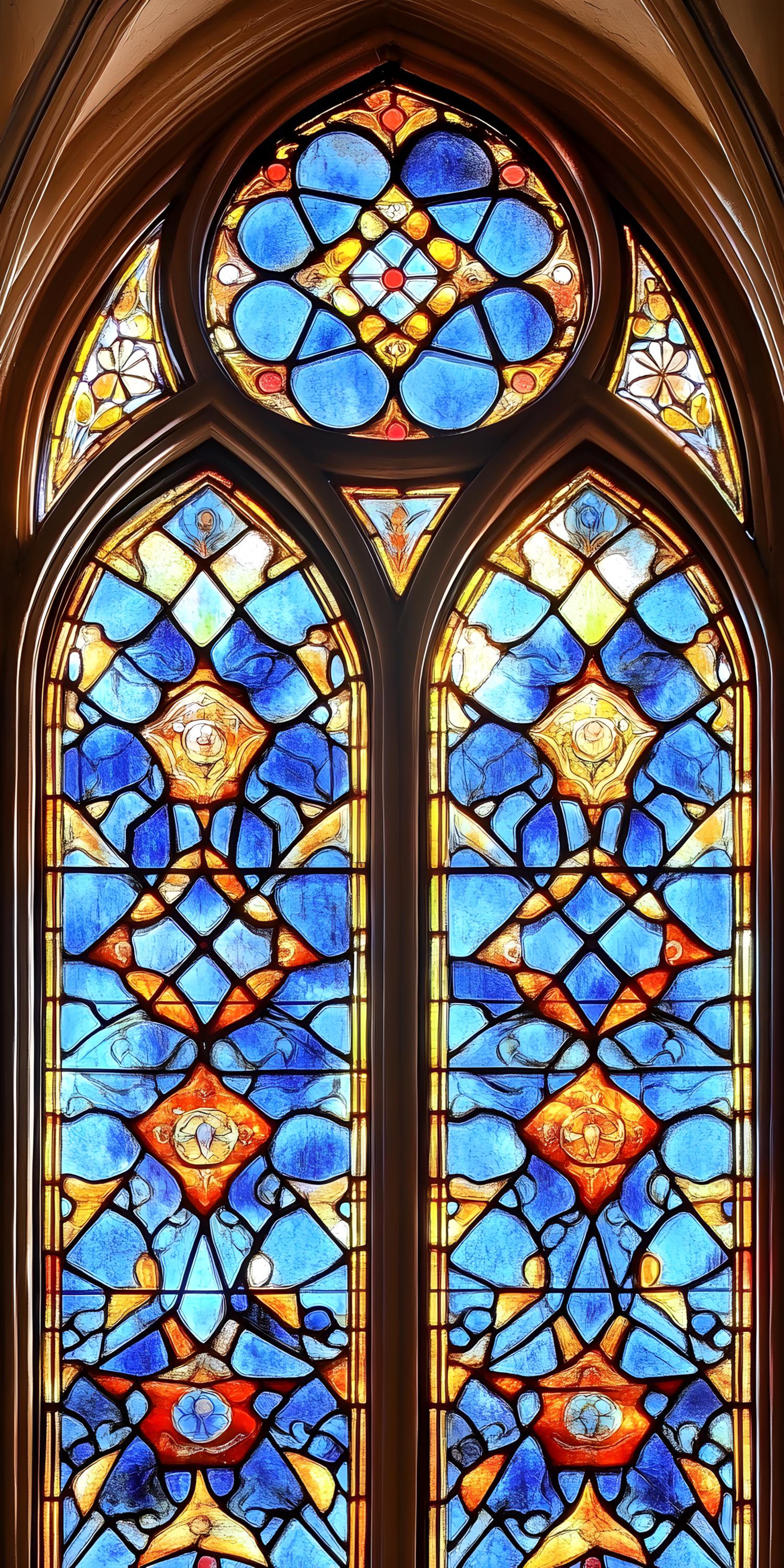 Gothic Arched Stained Glass Window Film - Vibrant Blue and Gold Floral ...