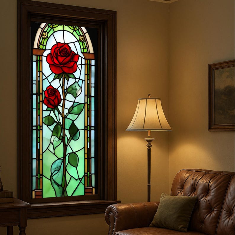 Red Rose Stained Glass Window Film - Elegant Privacy Decorative Cling ...