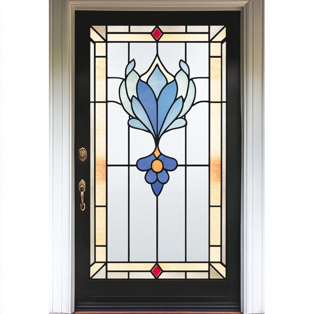 Stained Glass Window Film – Vintage Blue Floral Design, Privacy Frosted ...