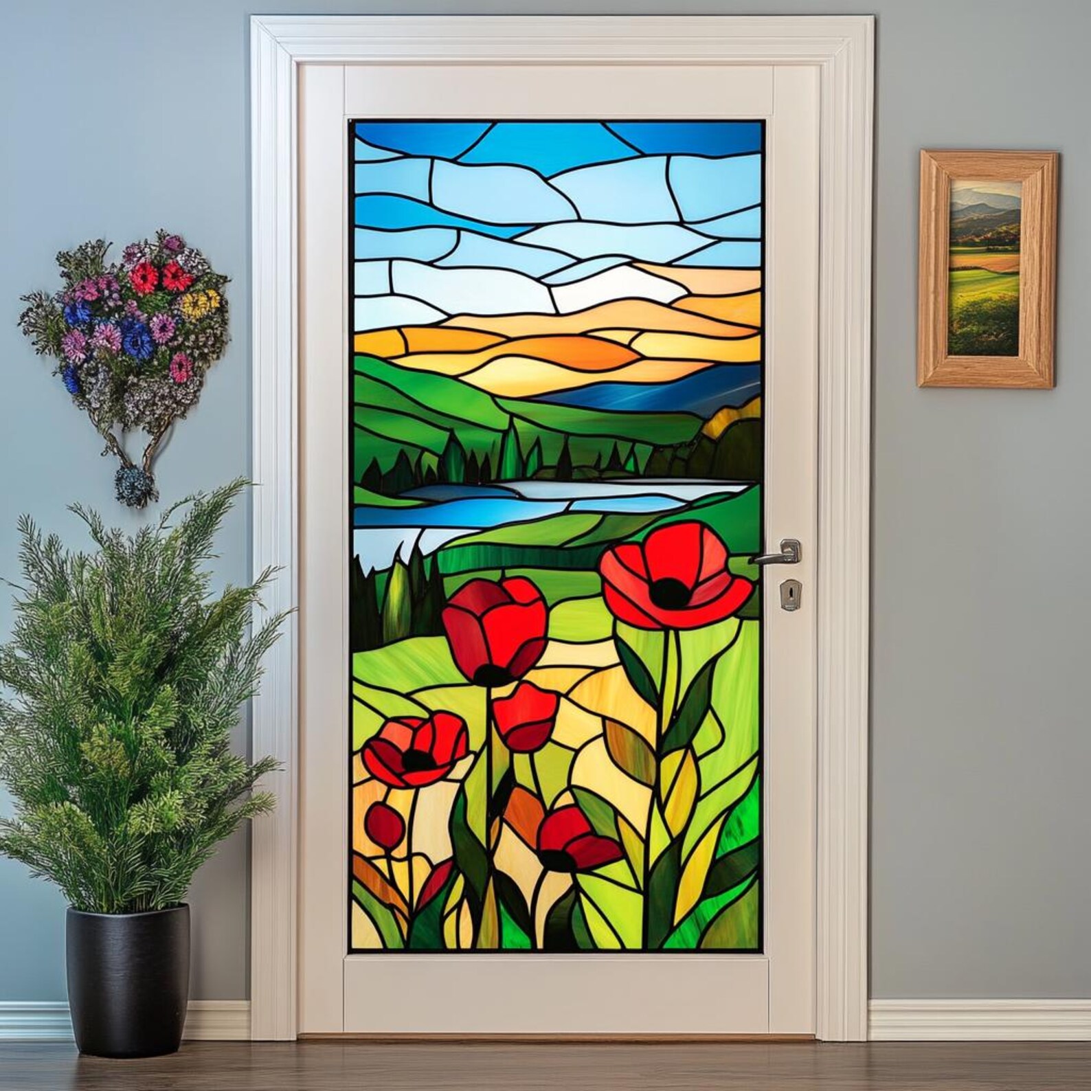 Geometric Stained Glass Window Covering – Red & Gold Abstract Pattern ...