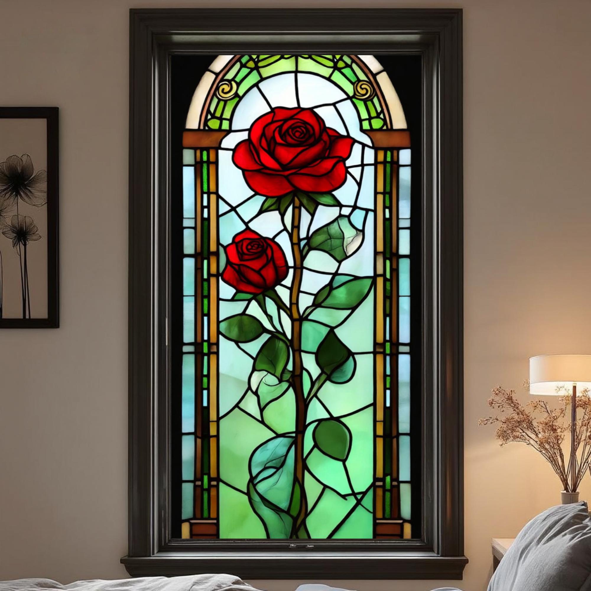 Red Rose Stained Glass Window Film - Elegant Privacy Decorative Cling ...