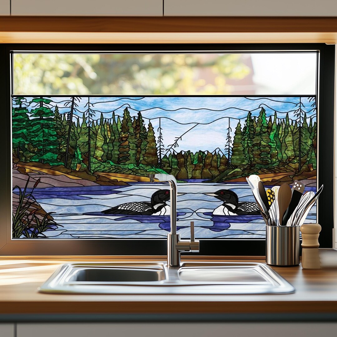 Stained Glass Window Film - Nature Lake Scene With Loons, Decorative Privacy Cling - Etsy